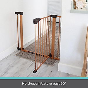 Toddleroo by North States Woodcraft Steel Baby Gate: Self-Closing Child Gate with Hold-Open Feature. Pressure Mounted Baby Gate with Door, Fits Openings 29.75” to 40.5” Wide. (30" Tall, Brown)