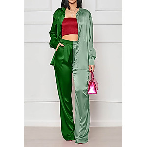 PRETTYGARDEN Women's 2 Piece Satin Outfits Long Sleeve Button Down Tops Wide Leg Pants Silk Loungewear Pajama Sets (Grass Green_Light Green,Medium)