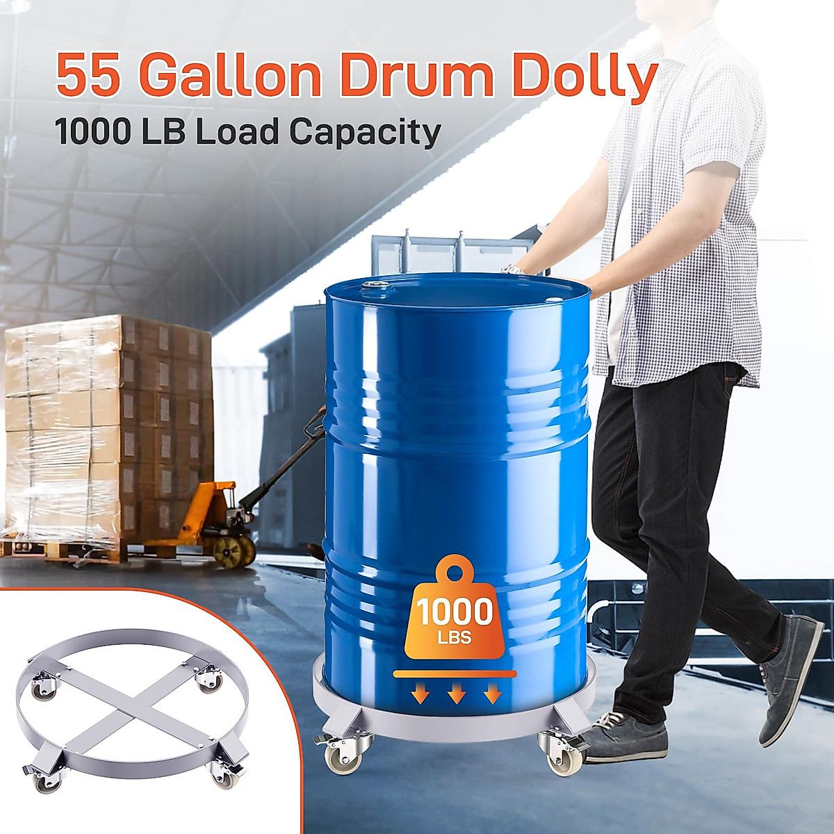 55 Gallon Drum Dolly,Heavy Duty 1000lbs Load Capacity, Barrel Dolly Cart Drum Caddy, Non Tipping Hand Truck Dollies with Steel Frame 4 Swivel Casters Wheel, for Warehouse Drum Handling (4 pcs)