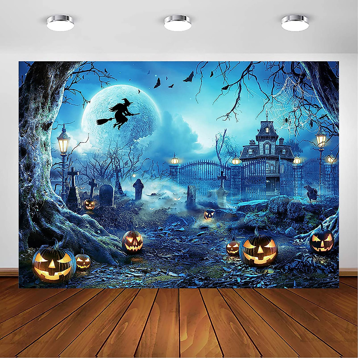 Avezano Halloween Photography Backdrop Full Moon Scary Night Castle Pumpkins Party Background Spooky Witch Bats Cemetery Child Kids Halloween Party Decorations Photoshoot Backdrops (10x7ft, Blue)