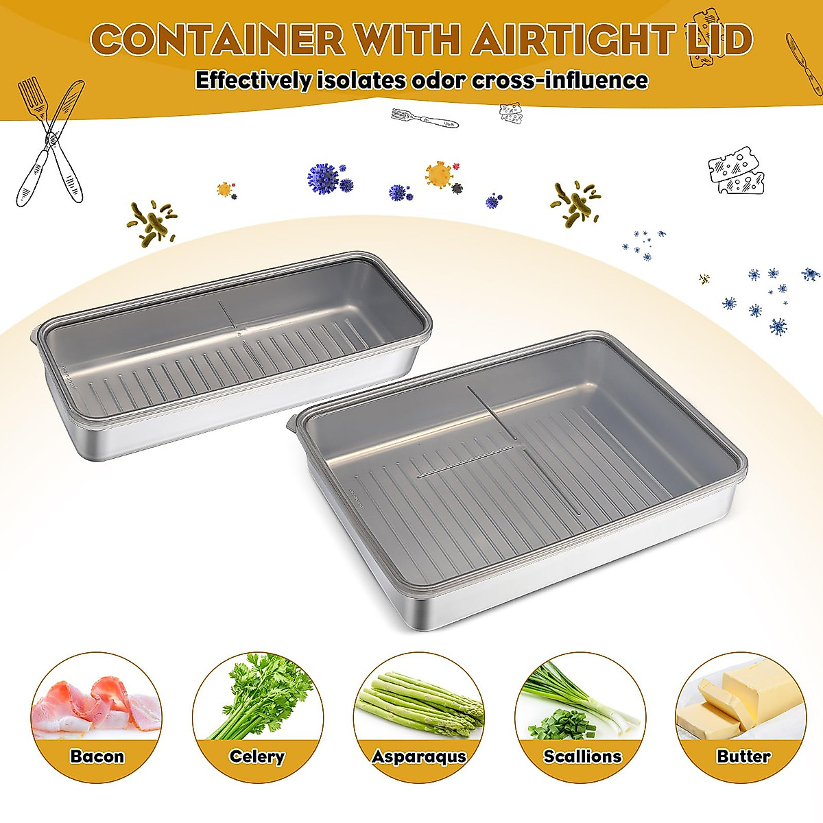 Maxcheck 6 Pcs Stainless Steel Food Containers with Lids 2 Metal Bacon Container for Refrigerator 2 Cheese Deli Meat Steamer Airtight Bacon Keeper 2 Food Clips for Freezer Buffet Kitchen