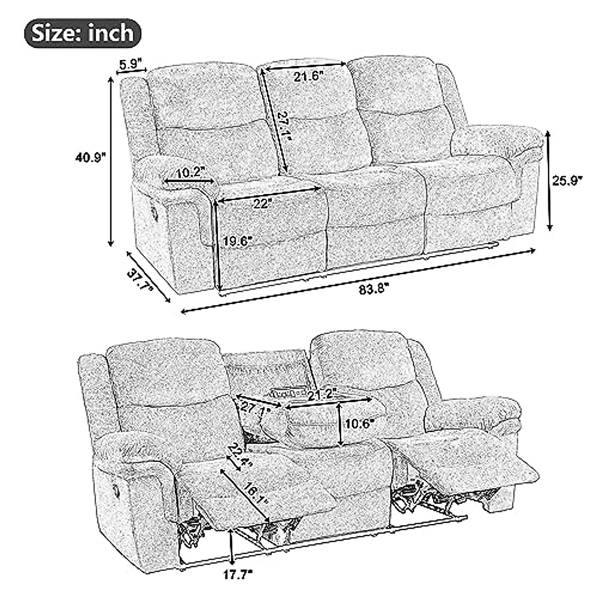YUNLife&Home Manual Wall Hugger Chair with Cup Holder,2 USB Ports&Power Sockets,Double Reclining Sectional Sofa 3-Seat Couch for Living Room Apartment Office RV Theater Furniture Set, Dark Blue 83.8"w