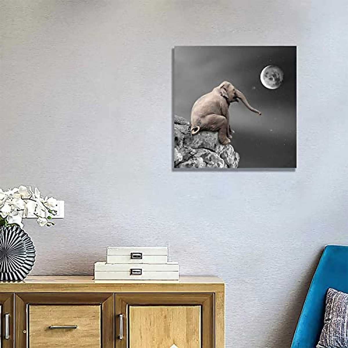 Elephant Canvas Wall Art for Living Room Wall Decor with Frame Baby Elephant Sitting on Big Rock in Front of Moon and Stars Wall Painting Aesthetic Black White Animal Home Decoration Artwork Cute Picture 12×12inch
