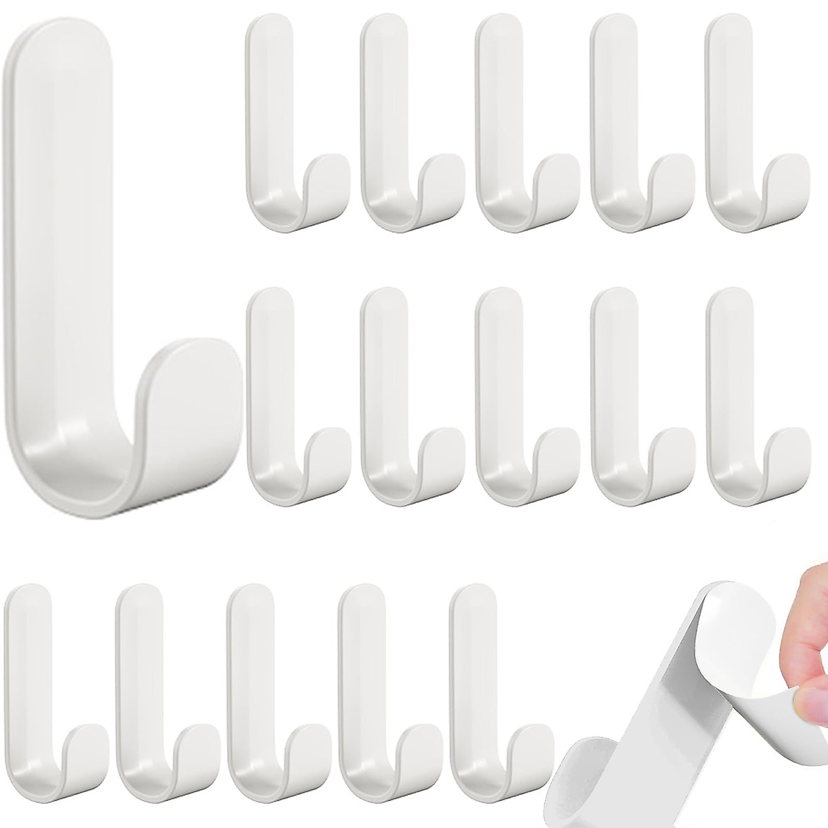 DueHoppee 16 Pack Plastic Adhesive Hooks,Damage-Free Hooks Holder,Key Holder,Cute Key Hooks,J-Shaped Decorative Wall Hooks for Hanging Hat Cup Glass Headset Towel (White)