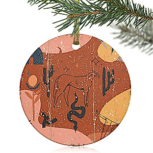 2023 Christmas Ornaments Ceramic Hanging Ornament,Western Cowboy Horse Lines Art Xmas Tree Decorations for Holiday Party Home,Boho Tropical Plant Watercolor Christmas Ornament Gift