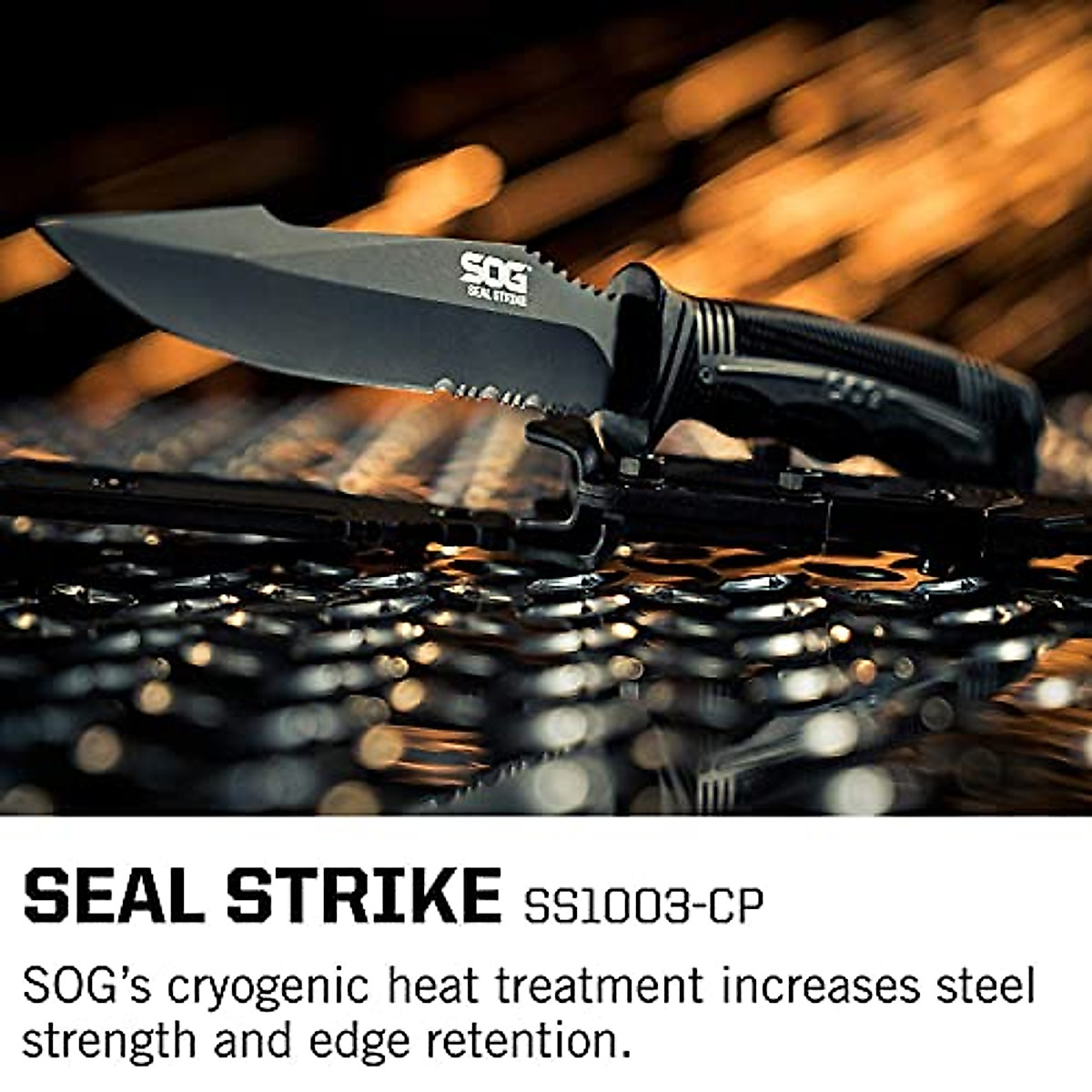 SOG Seal Strike Fixed Blade Knife with Sheath- Tactical and Hunting Knife with 4.9 Inch Partially Serrated Bowie Knife Blade and Survival Knife Line Cutter (SS1003-CP)