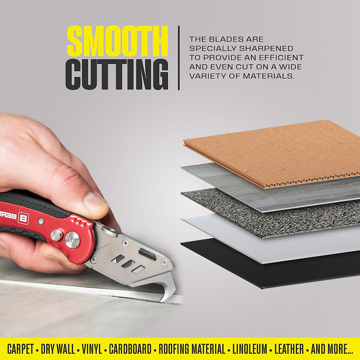 Berkling Utility Hook Razor Blades 50 PCS With Dispenser, SK2H Laser Sharpened Hardened, Ultra 3X Sharper and 5X Durable, Heavy Duty Replacement Blades for Carpet, Roofing Blade Knife, Box Cutter