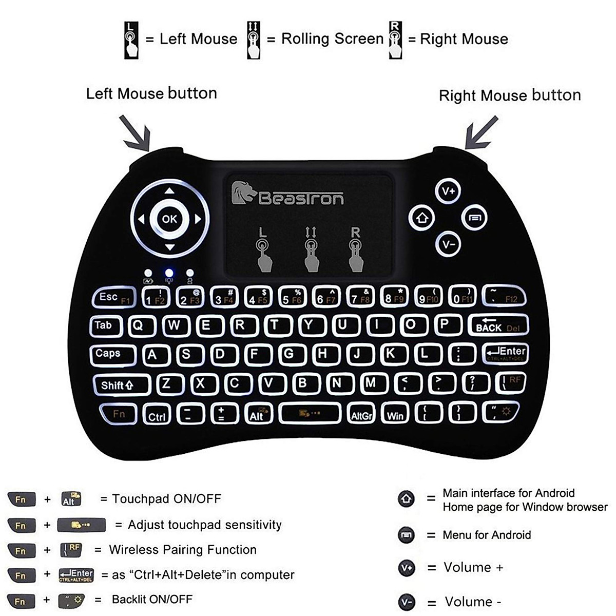 Beastron (Upgraded) 2.4G Mini Wireless Keyboard with Touchpad Mouse＆QWERTY Keyboard, Backlit Portable Keyboard Wireless with Remote Control for Laptop,PC,Google Android TV,Xbox,PS3/4 .Black