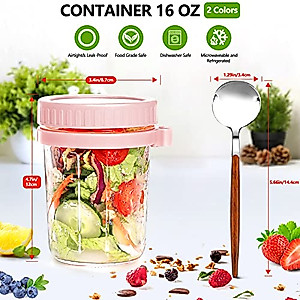 Overnight Oats Containers with Lids and Spoon, Wide Mouth Mason Jars 16 Oz Overnight Oats Jars with Measure Mark,2 Pack Oatmeal Container Glass Mason Jars for Overnight Oats Salad (Pink/Light Green)