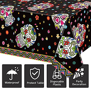 Lemicin 3 Pack Day of The Dead Tablecloths, Sugar Skulls Floral Table Large Size Disposable Plastic Rectangular Tablecloths for Home Decor Mexican Fiesta Table Party Decorations, 54x108 Inch