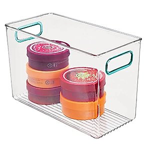 mDesign Plastic Storage Organizer Container Bin with Handles - for Bathroom Vanity Countertops, Shelves, Cabinets Organization - Holds Soaps, Body Wash, Shampoos, Lotion - 12" x 6" - Clear/Blue