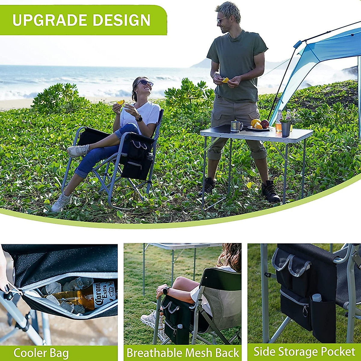 FUNDANGO Oversized Rocking Camping with Cooler Bag, Outdoor Folding Rocker Chair with Side Pocket for Travel, Picnic, Patio, Fishing Supports 300lbs Black&Grey
