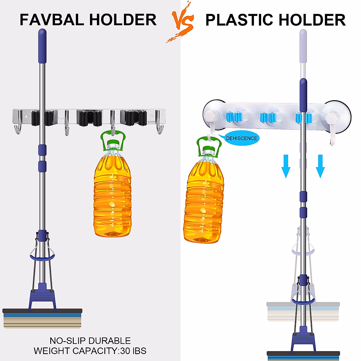 Favbal Broom Hanger Wall Mounted, 2PCS Mop and Broom Holder Wall Mount Garage Organization and Storage Stainless Steel Kitchen Tool Organizer Wall Hanger for Laundry Room Garden Garage Closet Kitchen