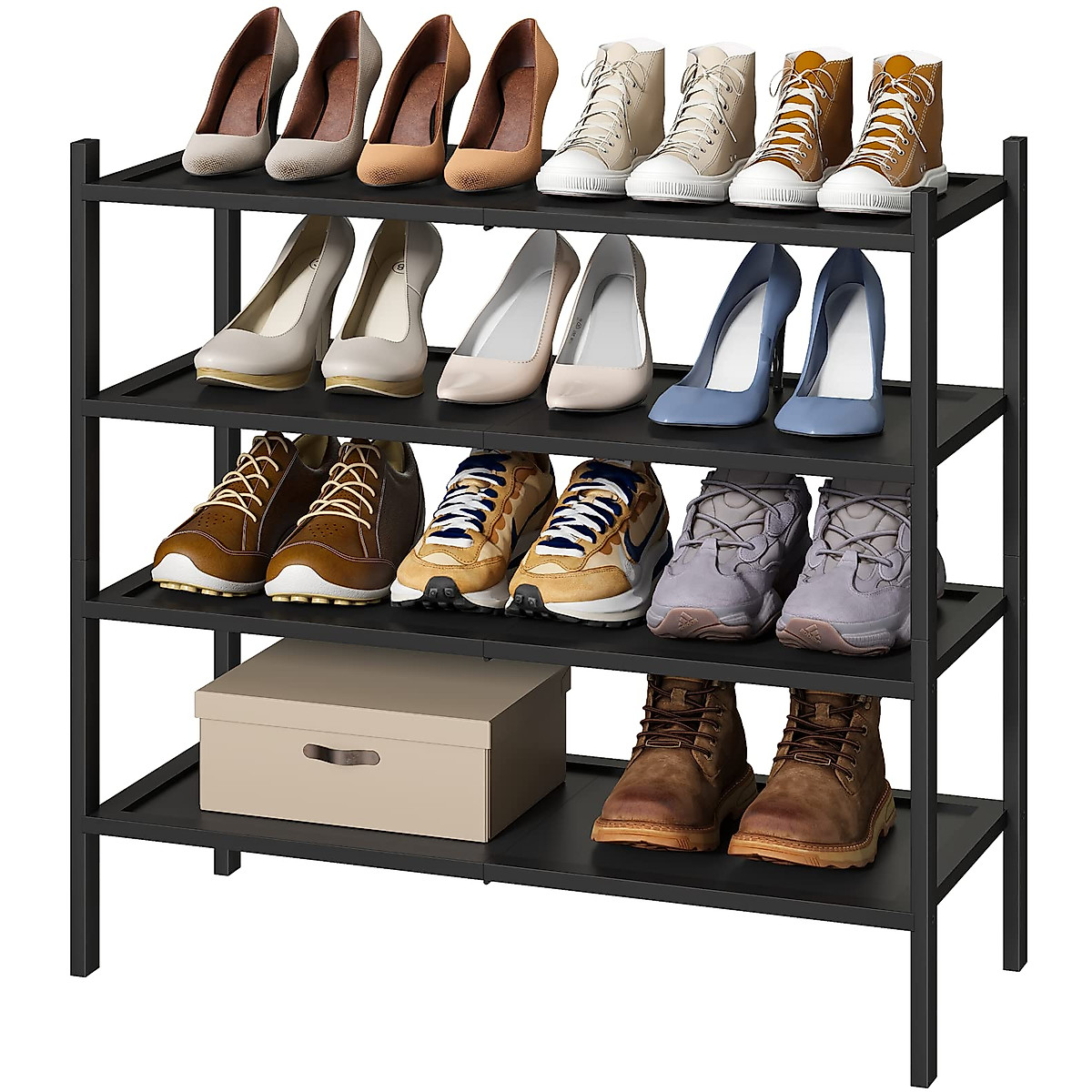 kiplant Shoe Rack for Entryway, Black Bamboo Shoe Rack 4-Tier, Stackable Shoe Organizer for Hallway Closet, Free Standing Shoe Racks for Indoor Outdoor