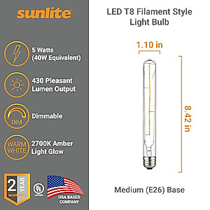 Sunlite LED Filament T8 Tubular Light Bulb, 5 Watts (40W Equivalent), 430 Lumens, Medium E26 Base, Dimmable, 214 mm, UL Listed, 2700K Soft White, 6 Count