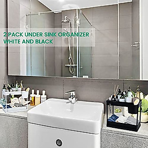 Qucover 2 Tier Under Sink Organizer, 2 Pack Bathroom Cabinet Organizers and Storage Sliding, Waterproof Kitchen Sink Organizer Under Cabinet Storage with Hooks, Hanging Cup, Black & White