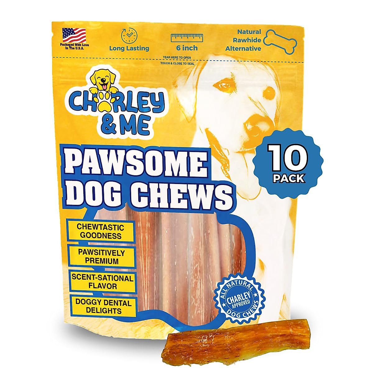 CHARLEY & ME Beef Tendons for Dogs, 100% Natural Beef Puppy Treats, Long-Lasting Dog Chew Toy for Aggressive Chewers - Nutritious Joint Support for Dogs - 6 Inches (Pack of 10)