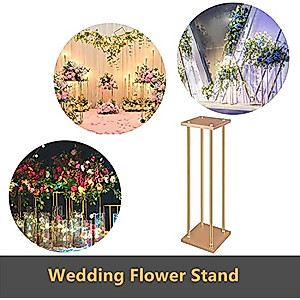 10 Pcs Wedding Flower Stand Metal Vase Stand with Plates Gold Floor Metal Column Gold Rectangular 7.87" x 7.8 7"x 31.5" Flower Display Stands Table Flower Stands for Wedding Party Events Table Decor (31.5 inch Tall)