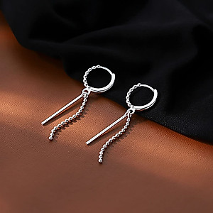 SLUYNZ 925 Sterling Silver Bead Ball Hoop Earrings for Women Teen Girls Minimalist Bar Hoop Earrings Dangle (A-Silver)