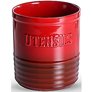 Lareina Utensil Holder for Kitchen Counter, [Elegant & Non-slip] Ceramic Utensil Crock Organizer, H 7" x W6 Large Cooking Utensil Holder with Anti-slip Cork Bottom for Home Décor, Christmas Red