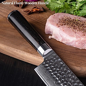 AMSZL 7 Inch Chef Knife, Damascus VG10 Super Steel, Ultra Sharp Santoku Kitchen Knife, Ebony Handle, Gift Box