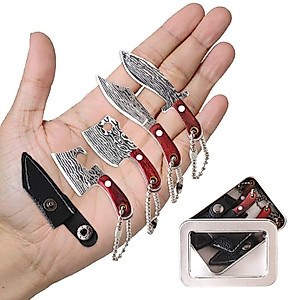 MOVNO Mini Pocket Knife Set Damascus Mini Utility Knife, Tiny Chef Knife with Sheath Cleaver for Package Opener Box Cutter, Camping Outdoor-4pcs-B