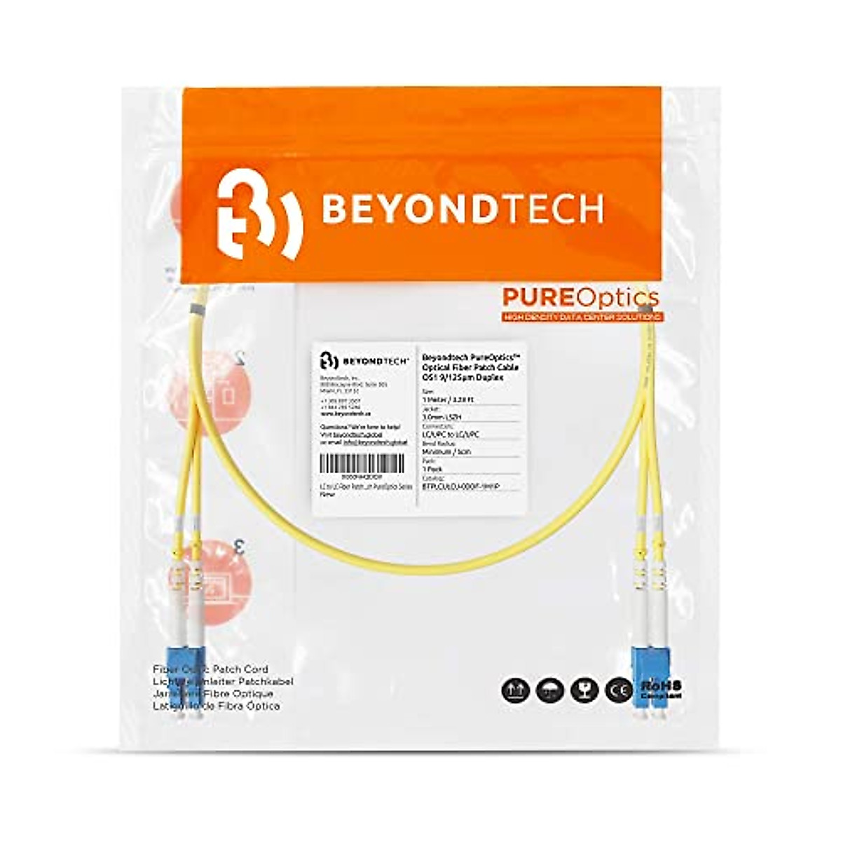 BEYONDTECH LC to LC Fiber Patch Cable Single Mode Duplex - 1m (3.28ft) - 9/125um OS1 LSZH PureOptics Optic Patch Cable Series