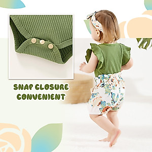 Tiny Cutey Baby Girl Clothes Infant Summer Outfits Set Ruffle Sleeve Romper and Floral Shorts with Headband (Sleeveless Green, 100)