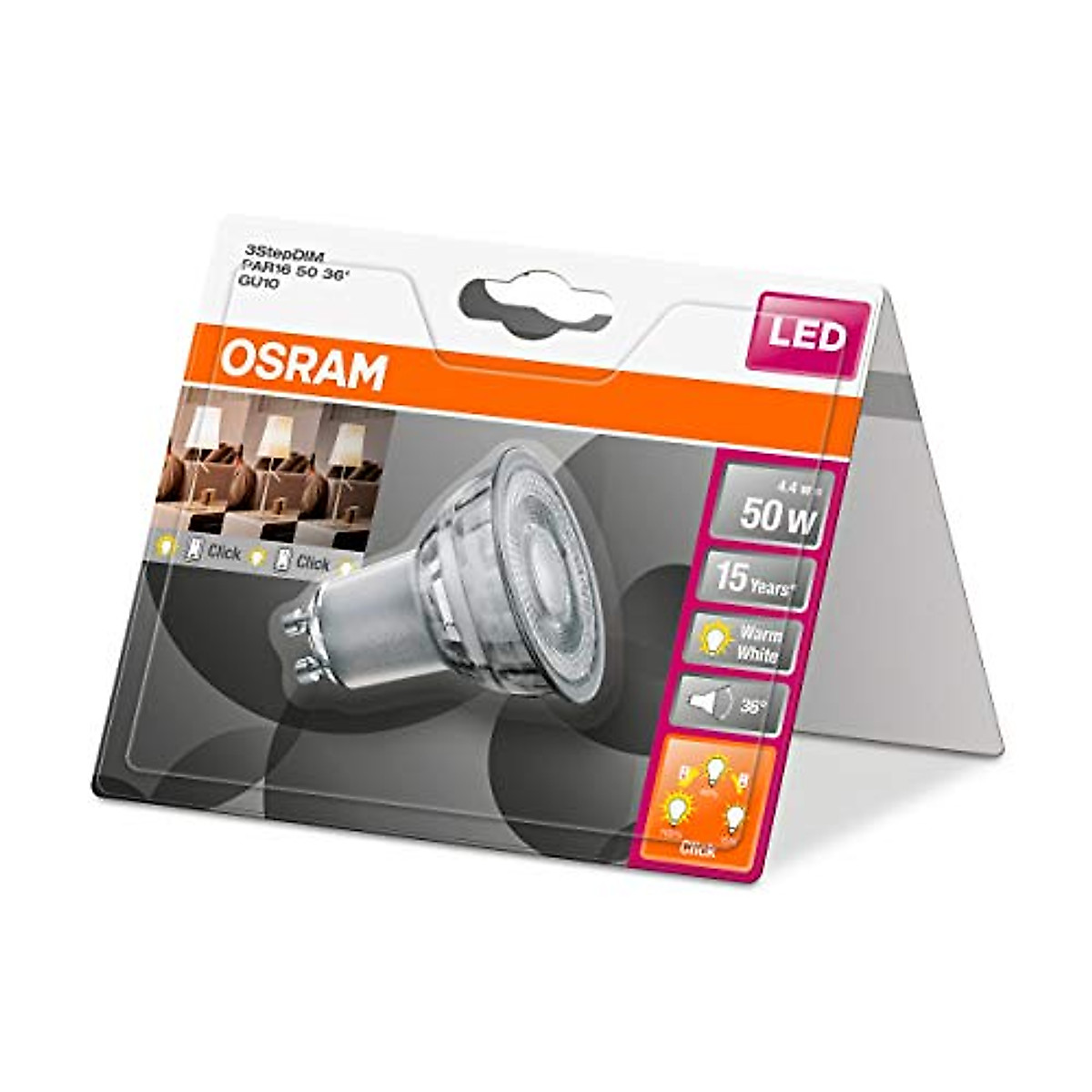 OSRAM LED Reflector lamp / Base: GU10 / Warm White / 2700 K / 4.40 W / Replacement for 50 W Reflector lamp / LED Three Step DIM PAR16 [Energy Efficiency Class A+] / Pack of 6