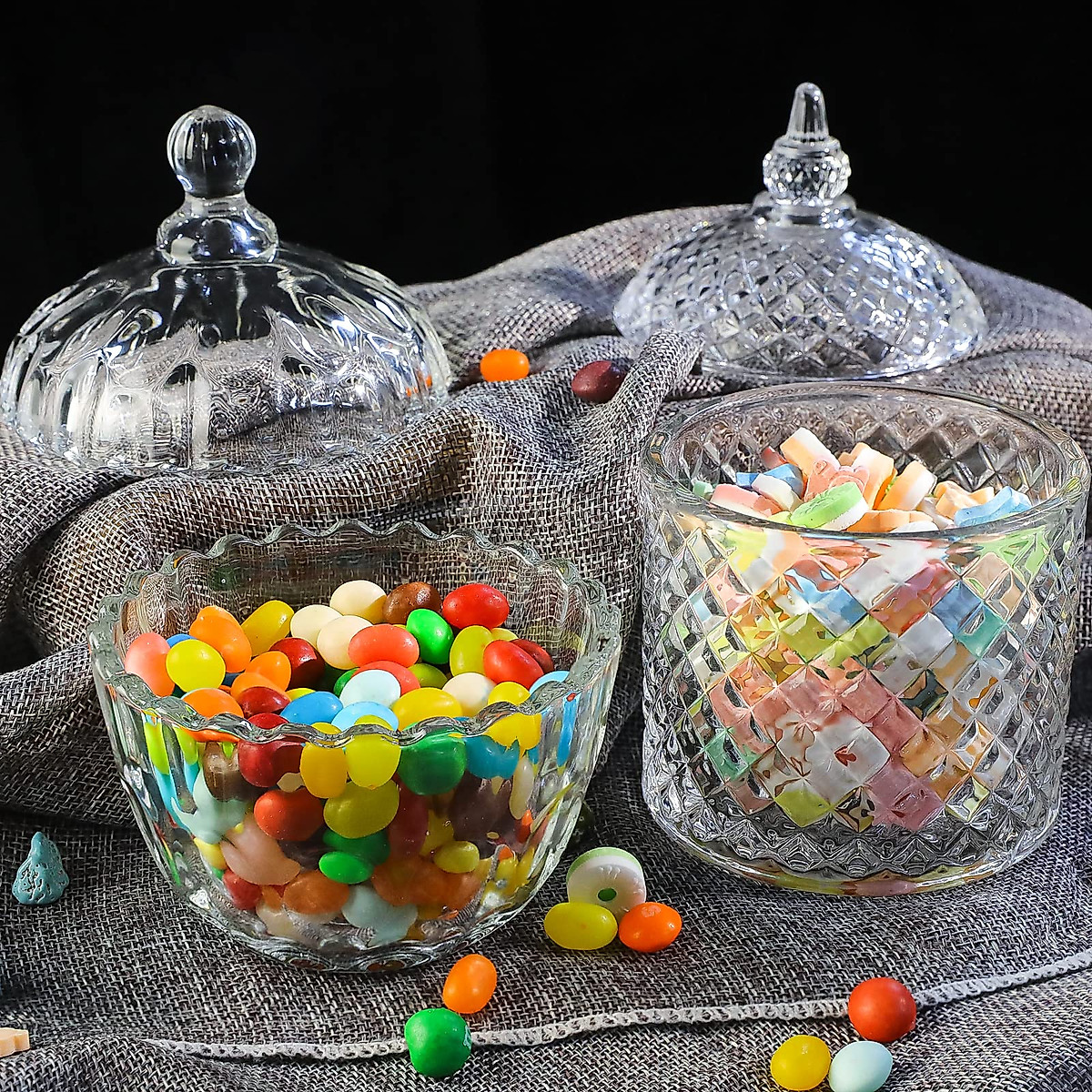 INFTYLE Glass Candy Dish with Lid Set of 4 Crystal Glass Candy Jar Jewelry Box Dappen Dish Cookie Jar for decorative storage gift idea