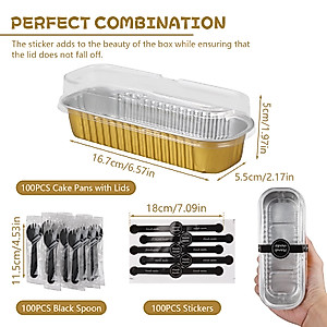 ABuff 100 Pack Mini Loaf Pans with Lids, 6.8oz Aluminum Foil Disposable Baking Pans With Lids and Spoons, Rectangle Pans Tins Containers Cake Pans for Brownie Cake Cheesecake - Gold