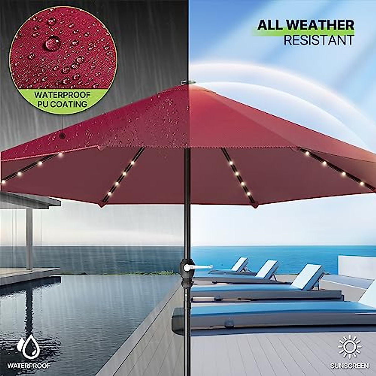 Magshion 9FT Solar Patio Umbrella with 32 LED Lights, Outdoor Market Umbrella with 8 Steel Ribs & Crank Lift, Windproof Sunshade for Garden, Deck, Backyard & Pool (Burgundy)