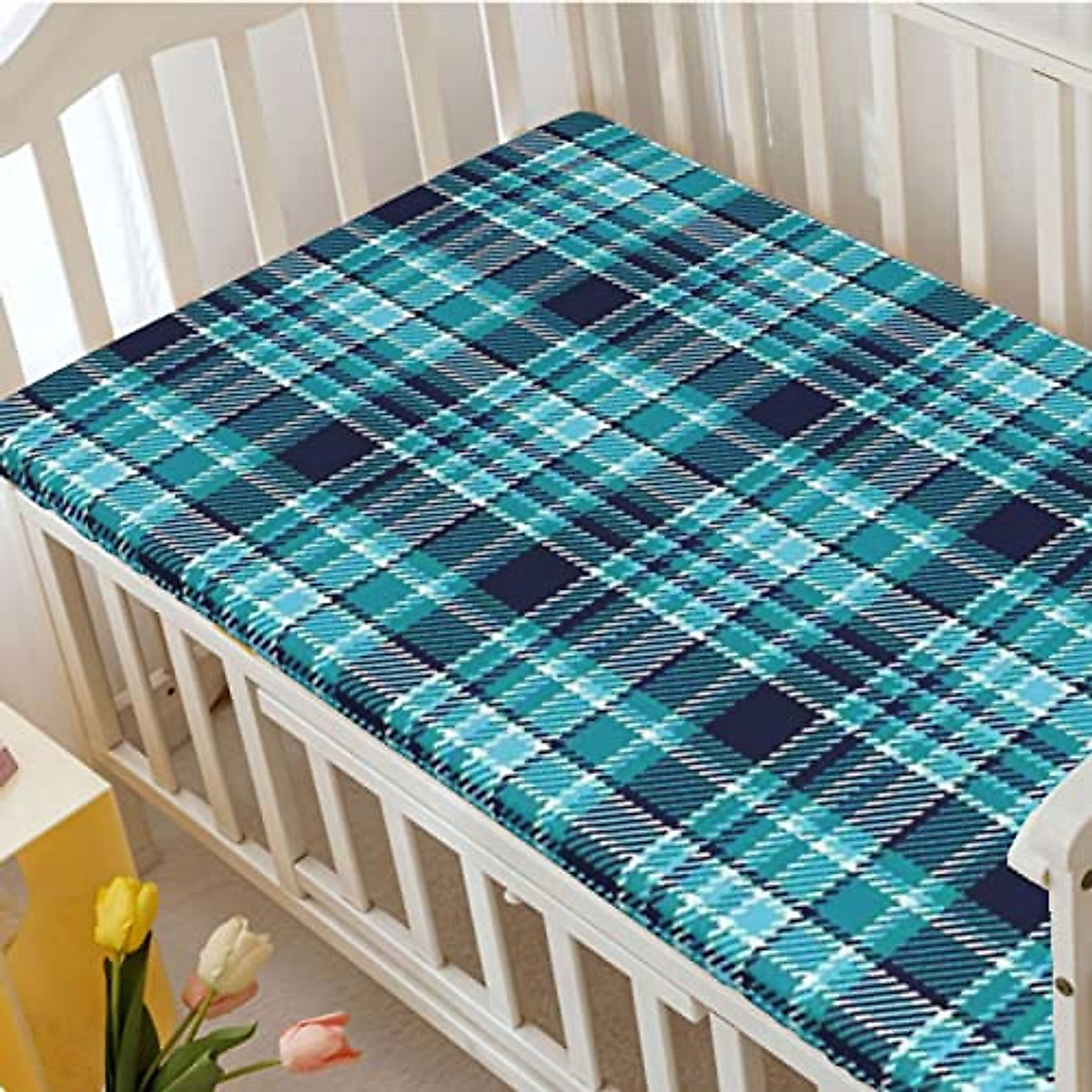 Plaid Themed Fitted Crib Sheet,Standard Crib Mattress Fitted Sheet Toddler Bed Mattress Sheets-Baby Crib Sheets for Girl or Boy,28“ x52“,Dark Blue Aqua White
