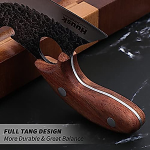 Huusk Japan Knife, Viking Boning Knife for Meat Cutting, Small Ulu knife, Caveman Ultimo Knife Hand Forged Full Tang Knife for Kitchen or Camping Thanksgiving Christmas Gifts Light Black Blade