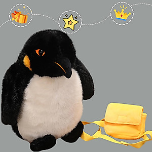 ELAINREN Plush Travel Penguin with Backpack,Realistic Black Penguin Stuffed Toy Lifelike Furry Penguin Plushie Doll Gifts/13.7Inch