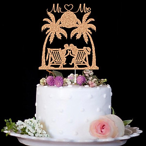 Mr & Mrs Wedding Cake Topper, The Groom Kissing Bride Sit on Chair, Hawaii Beach Sunrise and Sunset Wedding Party Decorations Travel Party, Rose Gold Glitter
