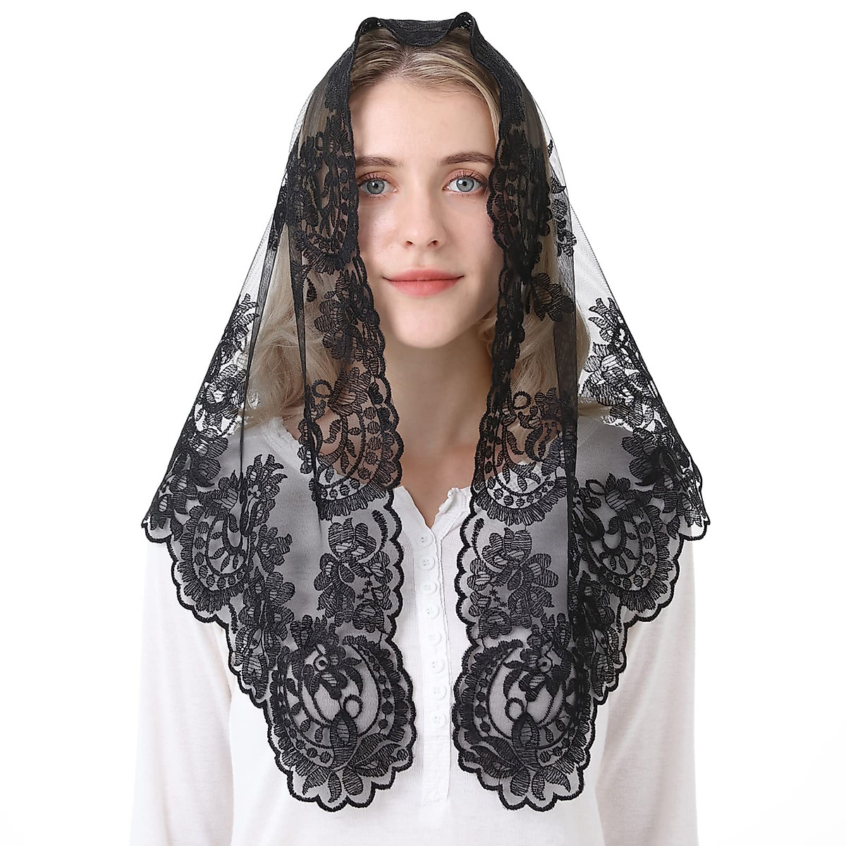 Spanish Mantilla Traditional Church Mass Head Covering Chaple Lace Veil Catholic Mass First Coummunion Bridal Latin Mass Veil (Black)