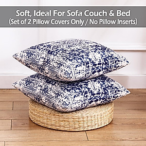 CARRIE HOME Navy Blue and White Farmhouse Decorative Throw Pillow Covers 18x18 Set of 2 Blue Boho Velvet Decorative Pillows 18 x 18 Soft Boho Room Decor for Couch Sofa and Bed