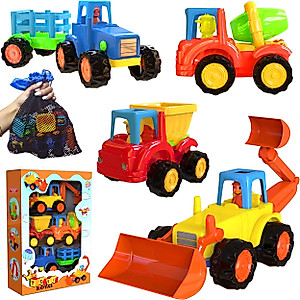 friction Powered Cars Push and Go Construction Vehicles Toy Set of 4 Cartoon Bulldozer, Tractor, Cement Mixer, Dump Truck - w/Bonus Mesh Bag Toddler/Baby-Friendly for Boys and Girls Ages 1-5 Kids Gift