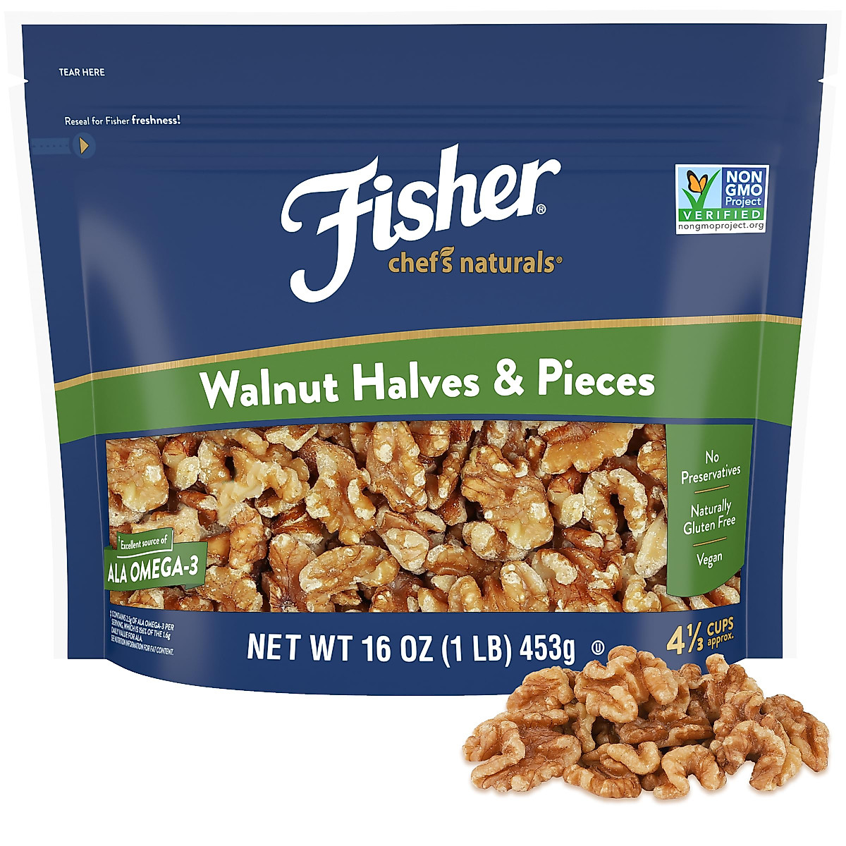 Fisher Chef's Naturals Walnut Halves & Pieces 16 oz, 100% California Unsalted Walnuts for Baking & Cooking, Topping, Resealable Bag, Great with Yogurt & Cereal, Vegan Protein, Keto Snack 1 Pack
