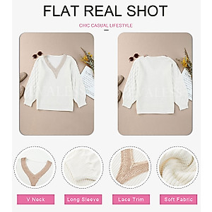 EVALESS Women's Long Sleeve Sweaters Fall 2024 Trendy Sexy Lace V Neck Knit Drop Shoulder Ladies Cute Winter Pullover Tunic Sweater Jumper Tops White Medium