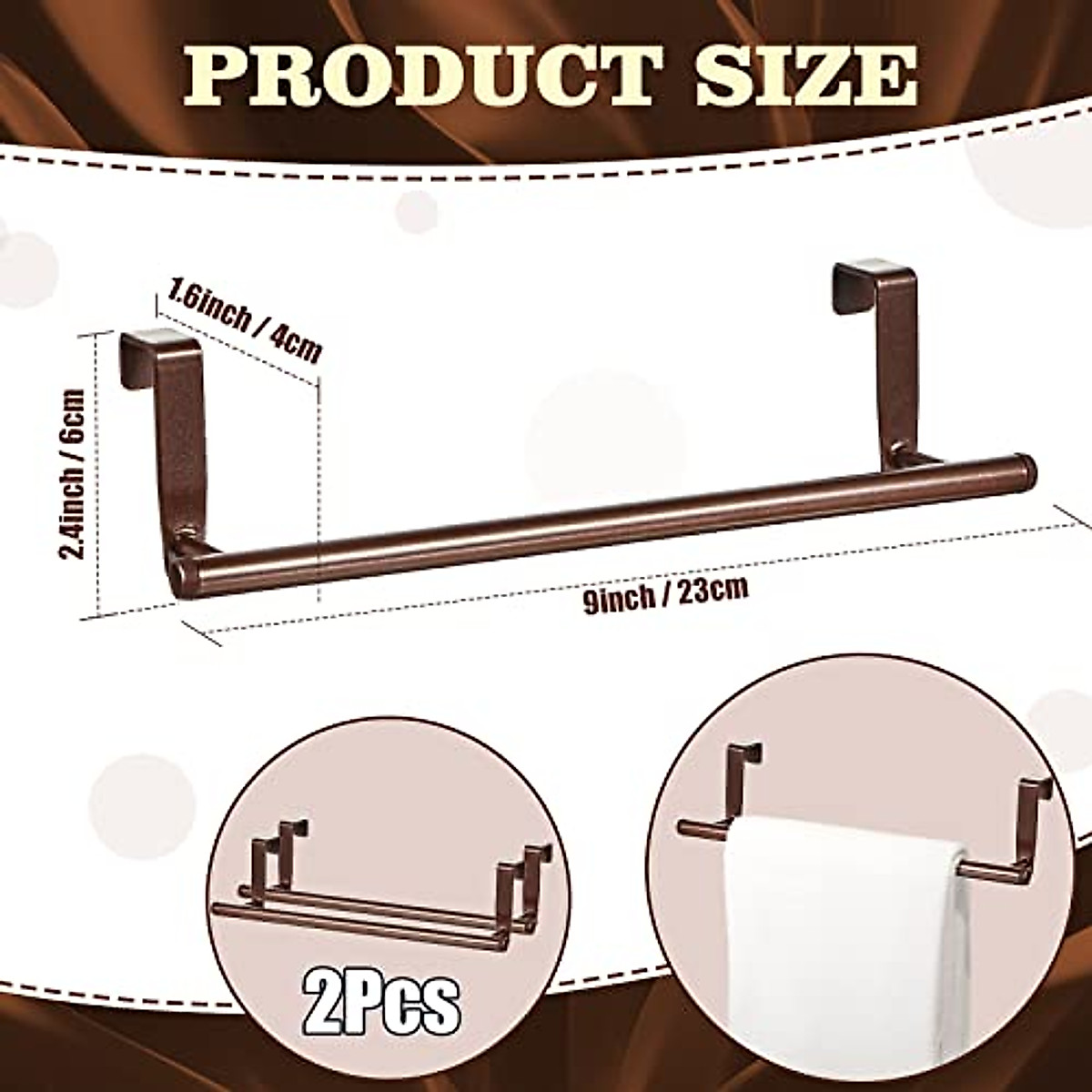 2 Pack Towel Rack for Cabinet Steel over Door Towel Rack Modern over Cabinet Towel Hanger Towel Bar Holder 9 Inch Storage Organizer for Universal Fit on Kitchen Bathroom over Cabinet Cupboard (Bronze)