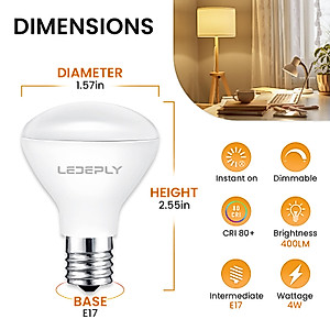 LEDEPLY R14 LED Bulb, 4W=40W, Dimmable, E17 Base, Mini LED Reflector Floodlight Bulb, 400 Lumens, 2700K Warm White, 4 Pack
