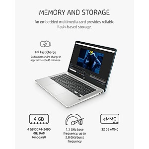 HP Chromebook 14 Laptop, Intel Celeron Processor, 4 GB RAM, 32 GB eMMC, 14” HD (1366 x 768), Display, Chrome OS, Webcam & Dual Mics, Work, School, Entertainment, Long Battery Life (14a-na0120nr, 2021)