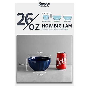 Sweese 106.403 Porcelain Fluted Bowls - 26 Ounce for Cereal, Soup and Fruit - Set of 4, Navy