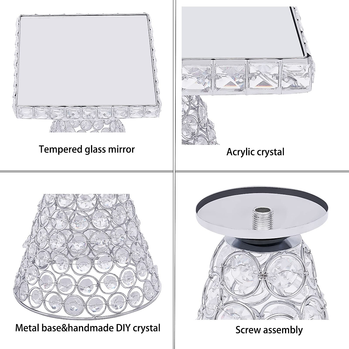 3 Piece Dessert Stand Cake Plate,Crystal Plated Cheese Dessert Cupcake Cake Stand with Mirror Plate-Silver Square