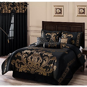 Chezmoi Collection 7-Piece Jacquard Floral Comforter Set/Bed-in-a-Bag Set, King, Black Gold