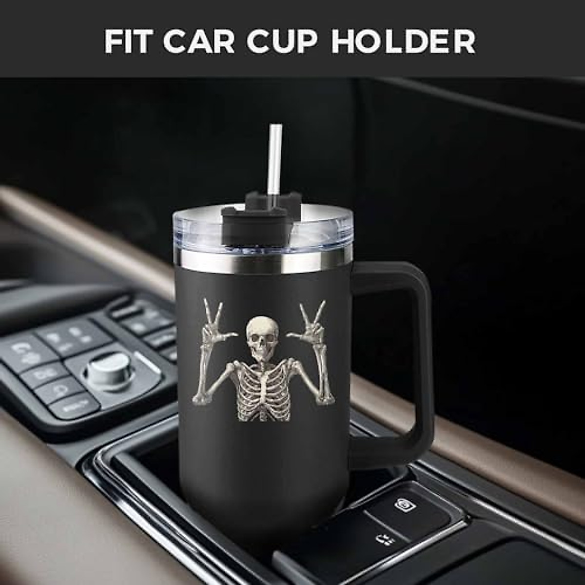 LB LEOBON 40 ounce insulated cup with handle, double-layer vacuum stainless steel material, equipped with straw, can keep warm or maintain cold drinks Funny Skeleton black