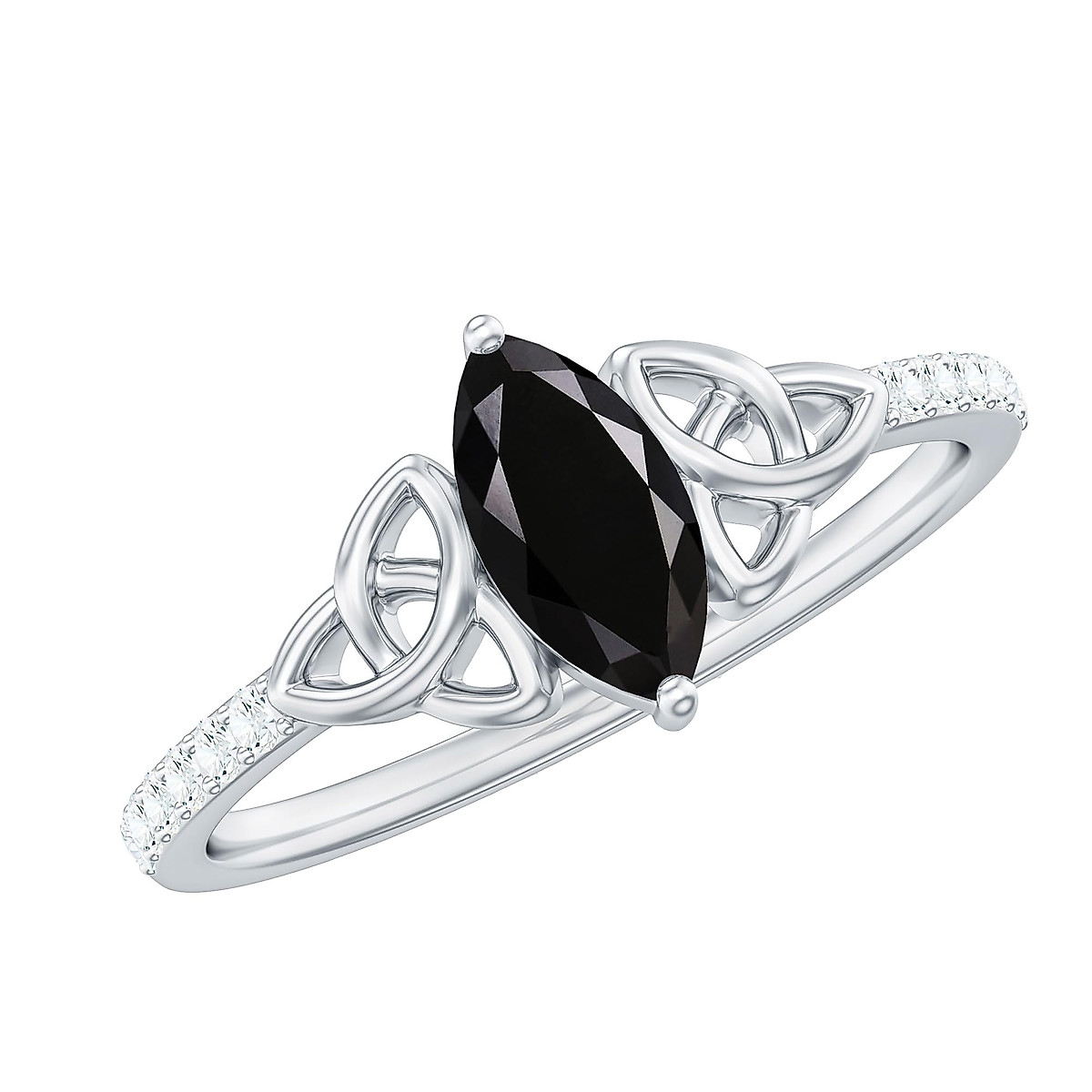 Certified Onyx Celtic Knot Ring with Diamond, Natural 4X8 mm Marquise Shape Black Onyx Celtic Design Ring For Women, Aaa Quality, 14K White Gold, Size:US 7.50
