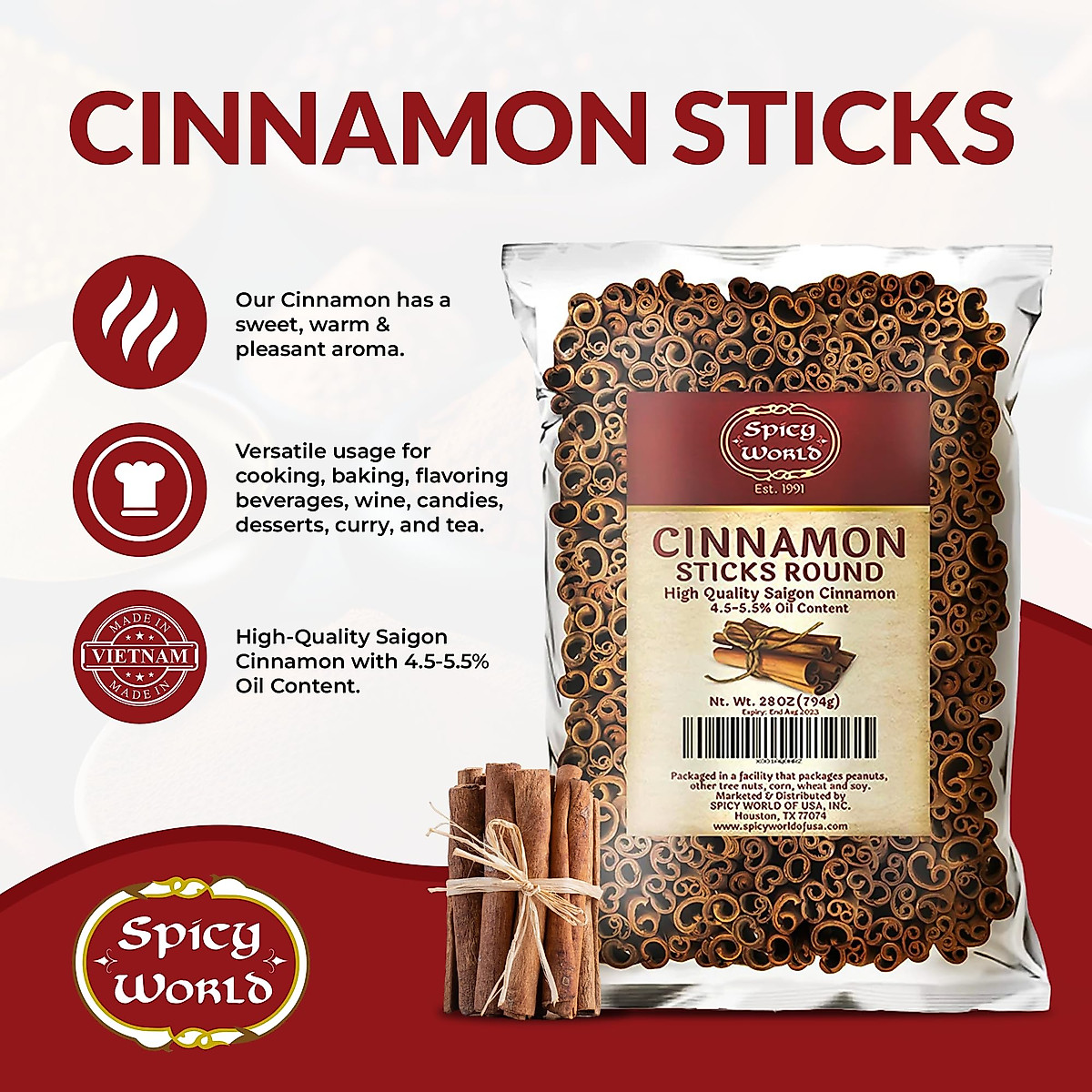 Spicy World Cinnamon Sticks 1.75 Pound Bulk Bag - 150 to 175 Sticks - Strong Aroma, Perfect for Baking, Cooking & Beverages - 3+ Inches Length - Cassia Saigon Cinnamon from Vietnam 28 Oz